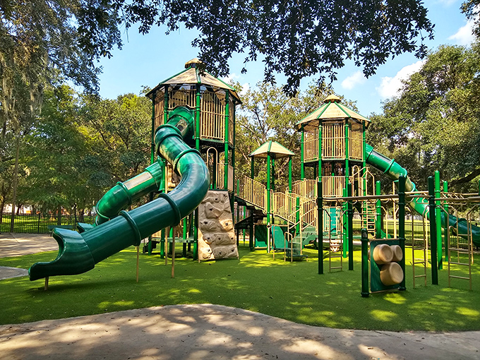 Even the playground equipment in New Iberia seems to celebrate the bayou life – green slides twisting like the waterways that define this region.