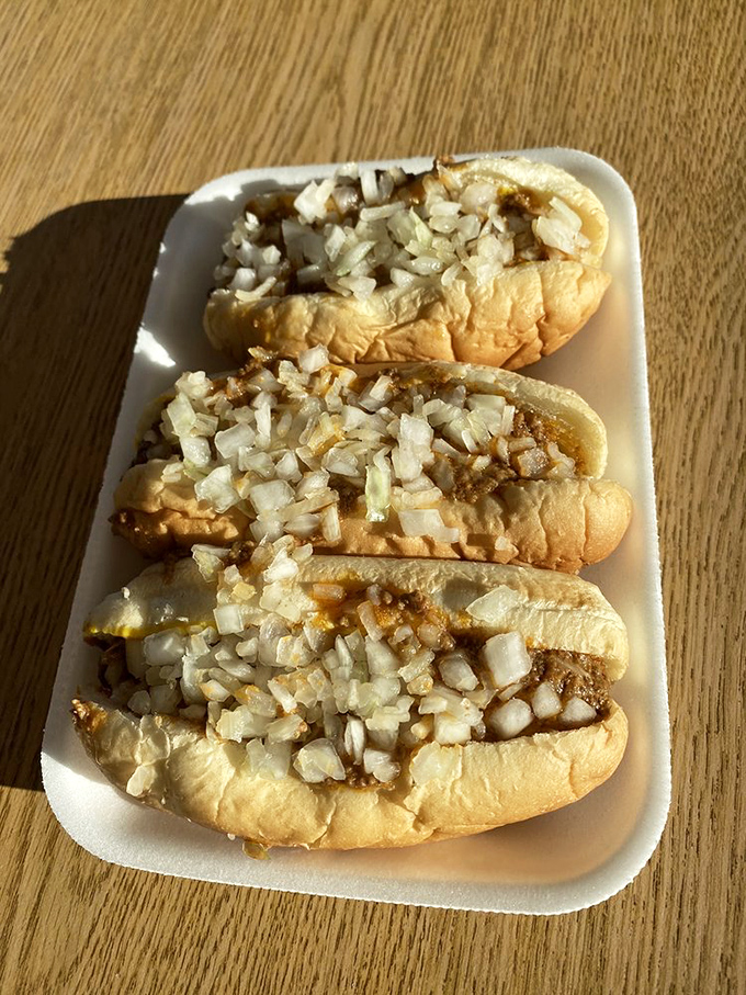 Those diced onions aren't just a topping&mdash;they're the perfect textural counterpoint to the soft bun and savory chili. Sometimes more is exactly right.