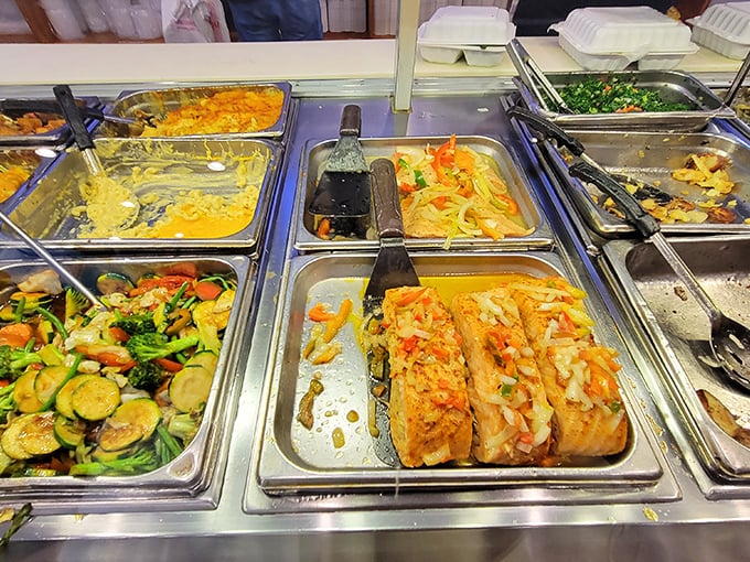The hot bar showcases a rainbow of sides &ndash; where vegetables get the respect they deserve in seafood's supporting cast.