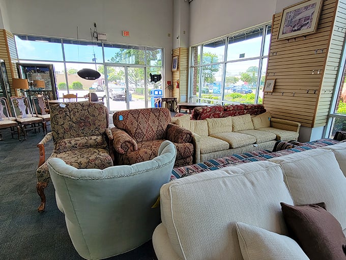 A living room tableau that whispers, "Your home could look this eclectic for the price of one new chair at those fancy stores."