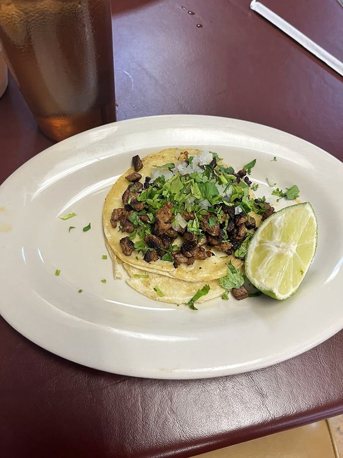 Simple yet profound: perfectly seasoned carne asada on fresh tortillas with a lime wedge standing by for duty.