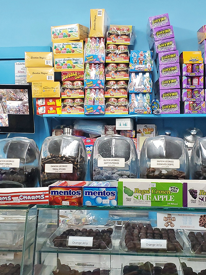 Layer upon layer of packaged temptations create a Jenga tower of sweetness that dares you not to topple it into your basket.