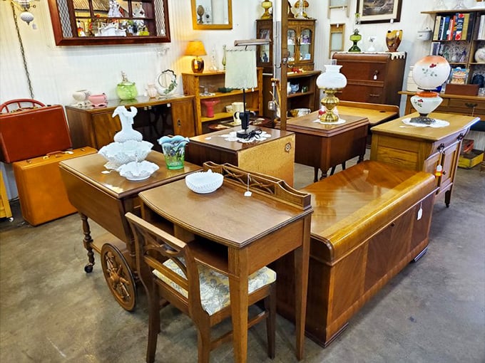 Wooden treasures with the patina of countless Sunday dinners and homework sessions. That tea cart has stories to tell.