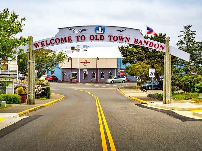 Bandon's iconic arch welcomes visitors to Old Town, where seafood is fresher than your teenager's attitude.