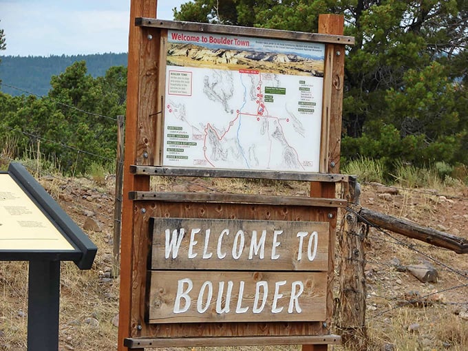 Boulder's welcome sign &ndash; understated and weathered, much like the town itself, which prefers to let the surrounding landscape do the talking.
