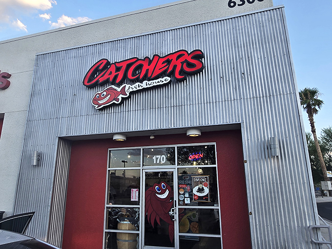 Catcher's corrugated metal exterior is like a secret code&mdash;only seafood lovers know what treasures hide behind that smiling crab logo.