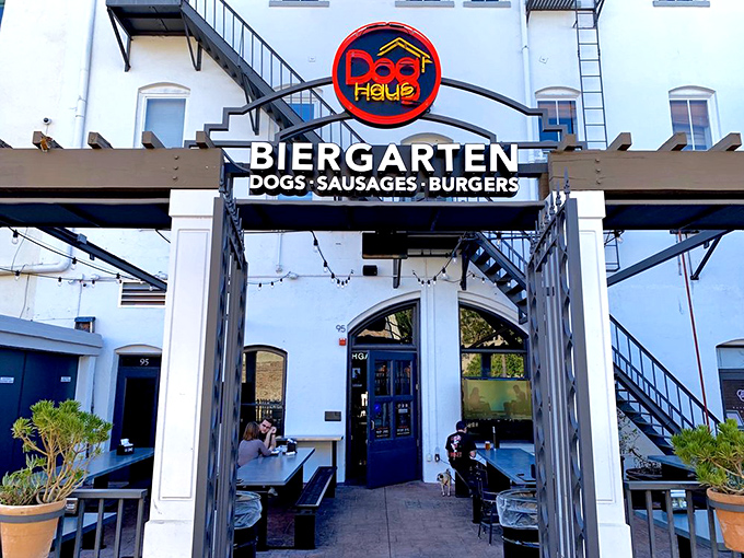 Dog Haus Biergarten's inviting entrance promises craft beer and gourmet dogs in equal measure—a match made in culinary heaven.