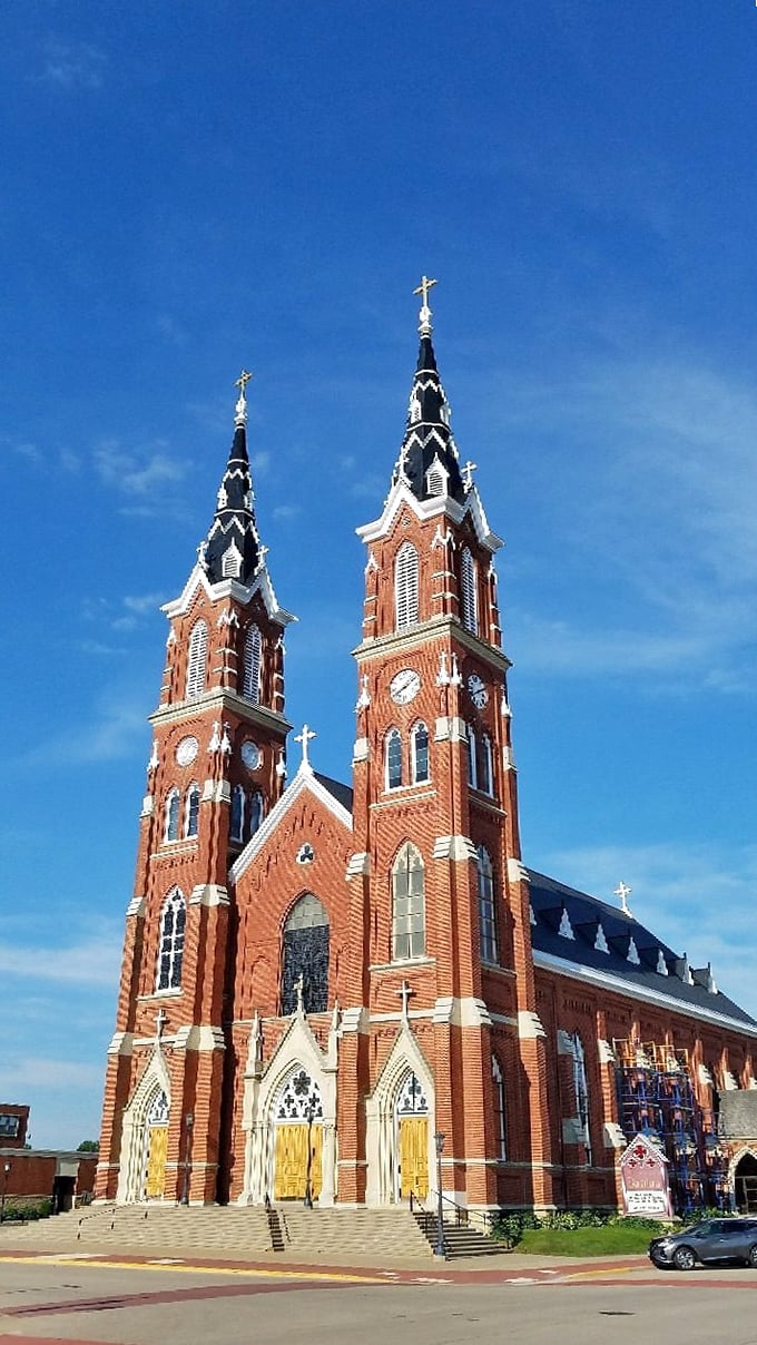 Dyersville's basilica reaches skyward with twin spires that would make European cathedrals say, "Not bad for Iowa!"
