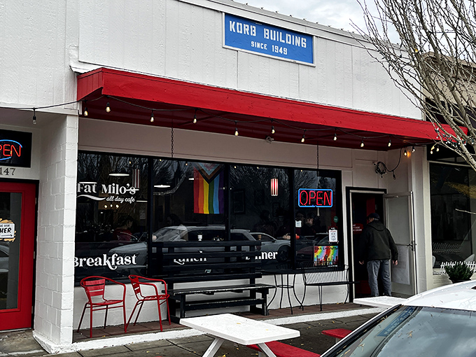 Fat Milo's (Sherwood): That simple red awning marks the spot where diner fare meets foodie sensibilities without sacrificing comfort or portion size.