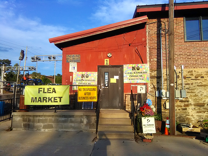 The red exterior of Fayetteville's Funky Flea Market warns: "Abandon boring purchases, all ye who enter here."