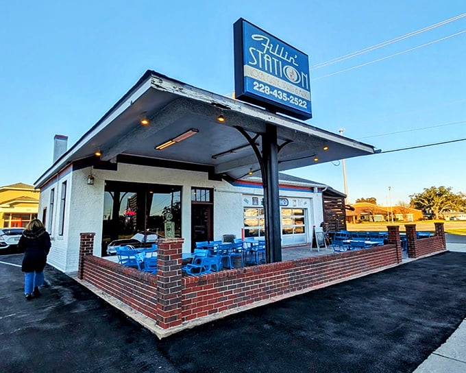 From gas pumps to food comas. The Fillin' Station's blue tables invite you to fuel up on seafood instead. 