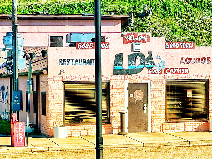 LD's proudly announces its dual citizenship in both catfish and pizza nations. This pink building houses Mississippi's most delicious identity crisis.