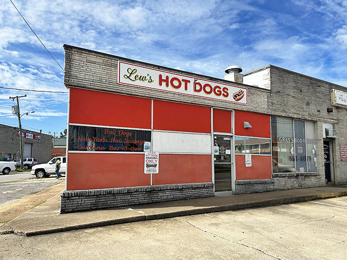 Lew's bold red and white exterior is like a beacon calling to hot dog pilgrims from miles around.