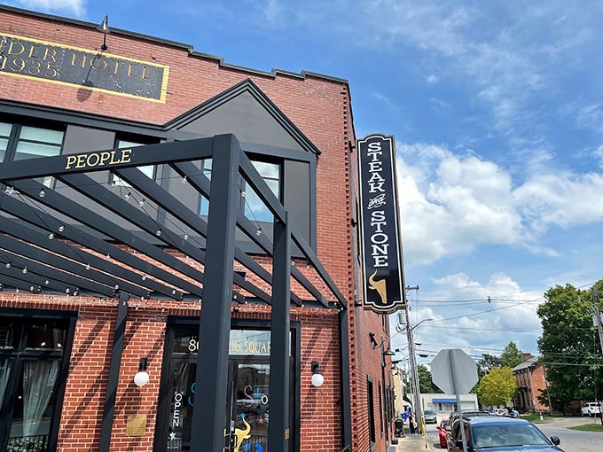 Steak & Stone (exterior): "Brick building, modest signage, extraordinary steaks. Sometimes the best flavor experiences come in unassuming packages."