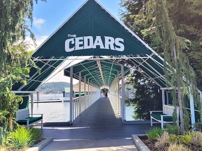 The Cedars' covered walkway isn't just an entrance—it's a portal to Idaho's most unique dining experience.