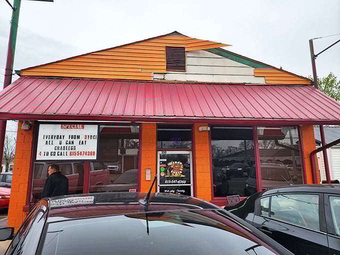 The Crab Shack's vibrant exterior colors hint at the bold flavors waiting inside this Lebanon hidden gem.
