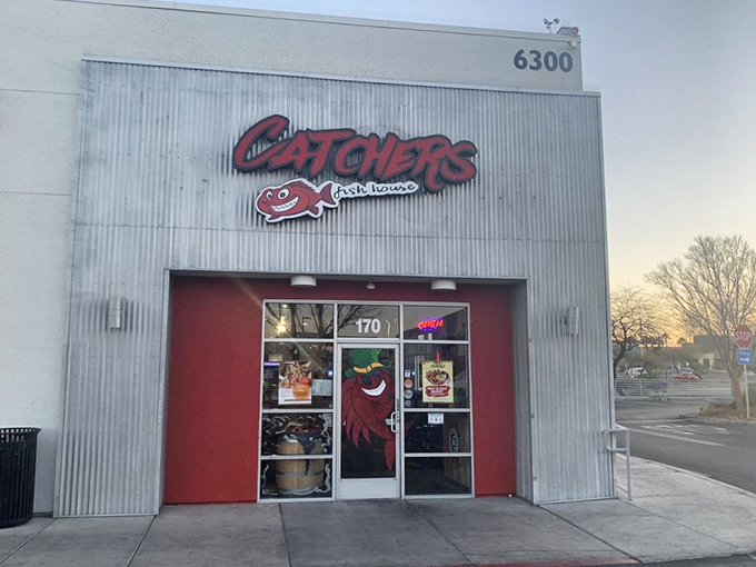 Sunset casts a glow on Catcher's humble storefront&mdash;where fish and chips achieve a crispy, golden perfection worth writing home about.