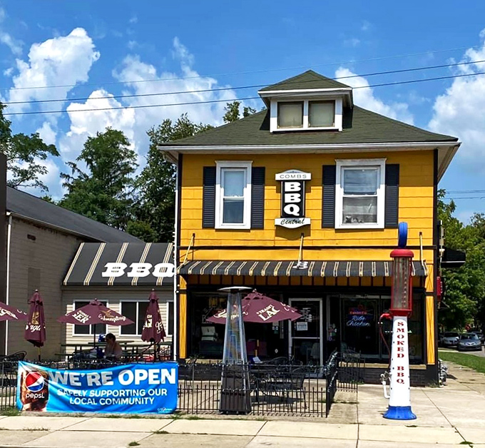 The whimsical carousel horse outside Combs BBQ Central reminds us that good barbecue is a joyride for your taste buds.