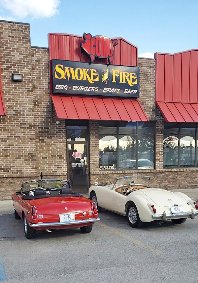 Vintage cars parked outside Como Smoke and Fire &ndash; because even classic automobiles know where to find the best barbecue.
