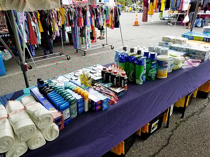 Simple tables loaded with everyday necessities and unexpected treasures - proof that the best shopping experiences don't need fancy packaging.