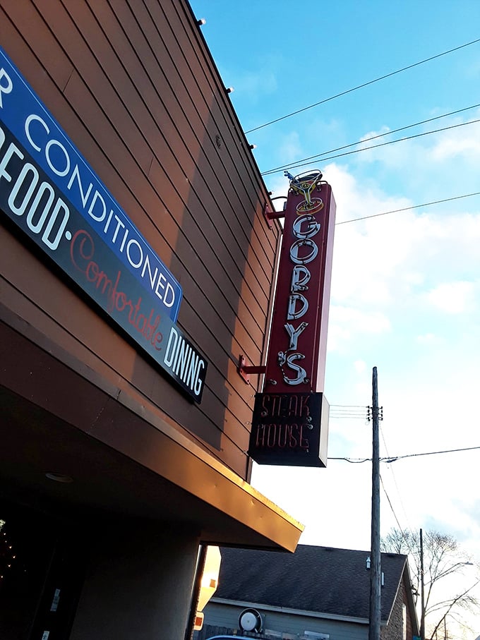 That vintage sign isn't just retro cool &ndash; it's a beacon guiding steak lovers to flavor town without the fuss.
