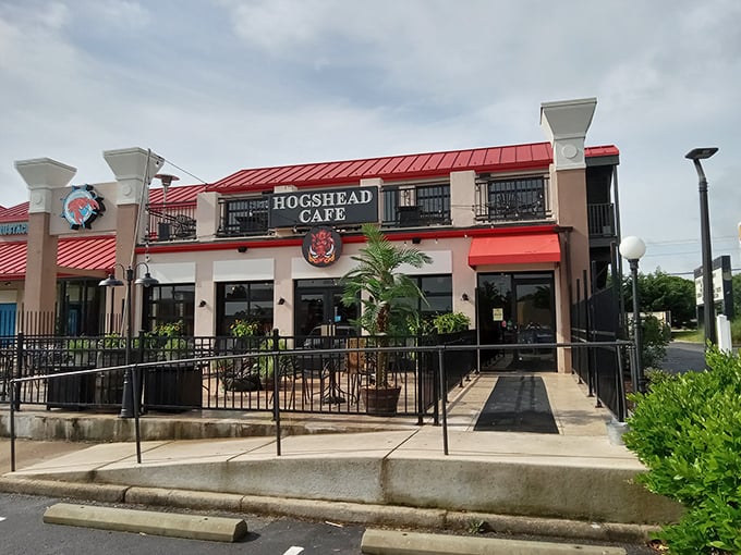 The HogsHead's white and red building stands ready to serve. That little fountain isn't just decoration &ndash; it's preparing you for the flavor waterfall inside.