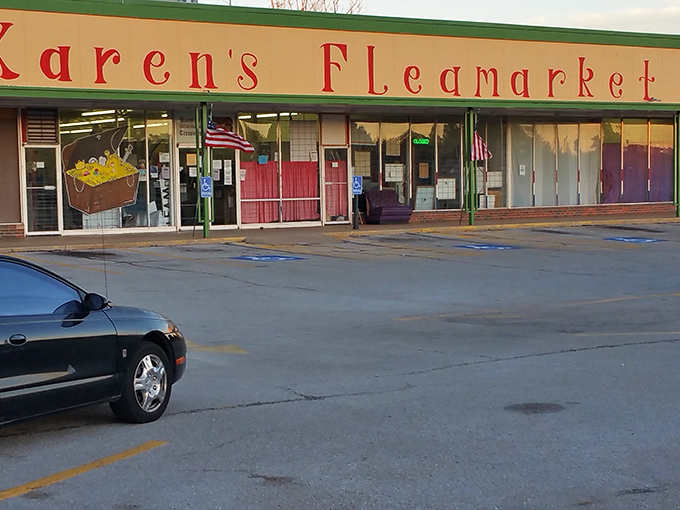 The green and red signage promises treasures inside – like Christmas morning for adults with vintage sensibilities.