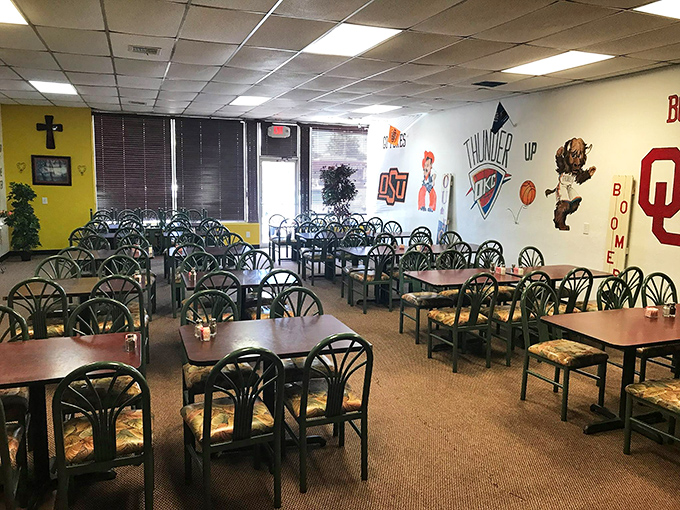 Sports memorabilia meets comfort classics. Inside these walls, Oklahoma pride and generous portions reign supreme.