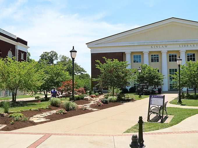 The Kinlaw Library's columns reach skyward, as if trying to touch the knowledge floating in the clouds.