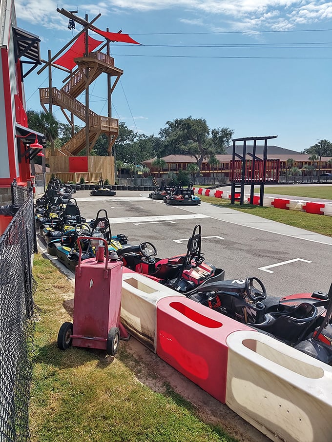 The staging area&mdash;where anticipation builds and race strategies are whispered. Those colorful karts lined up like exotic candy in a speed enthusiast's dream shop.