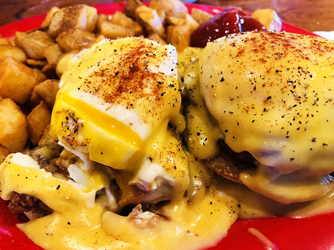 Eggs Benedict gets the chicken treatment, creating a breakfast masterpiece that makes ordinary hollandaise sauce hang its head in shame.