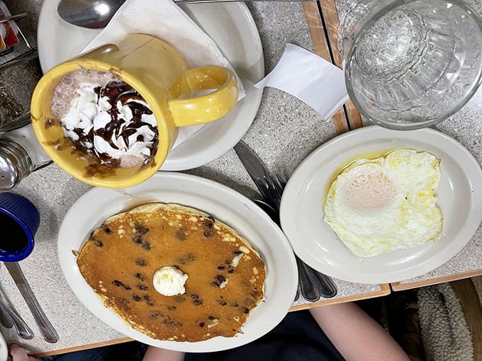 Pancakes studded with chocolate chips&mdash;where "balanced breakfast" meets "life's too short not to have dessert before noon."