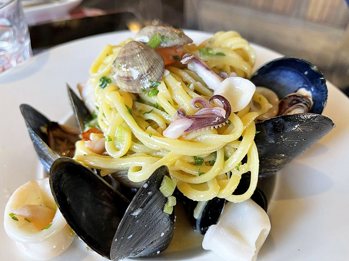 Pasta playing host to an underwater reunion. The seafood equivalent of getting the band back together for one delicious tour.