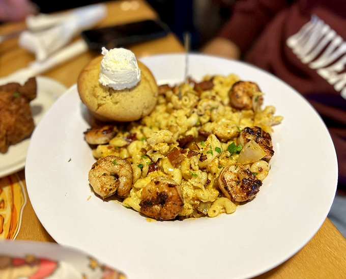 Mac and cheese with shrimp that doesn't ask for permission to change your life, just quietly goes ahead and does it.