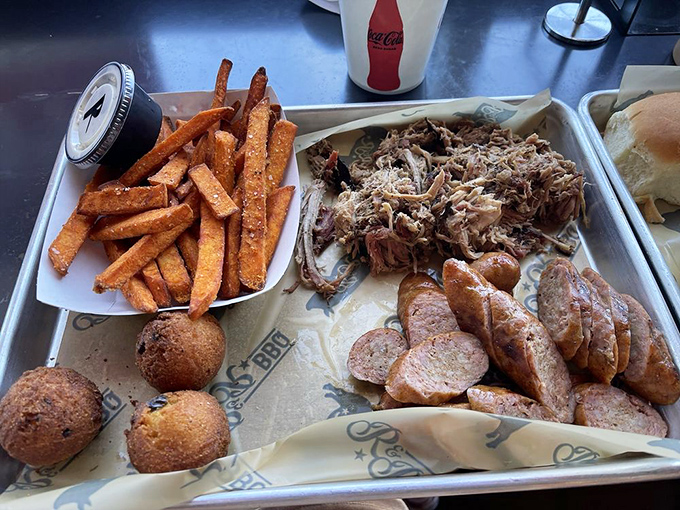 A barbecue feast that makes sharing both necessary and deeply challenging. Those sweet potato fries aren't going to eat themselves.