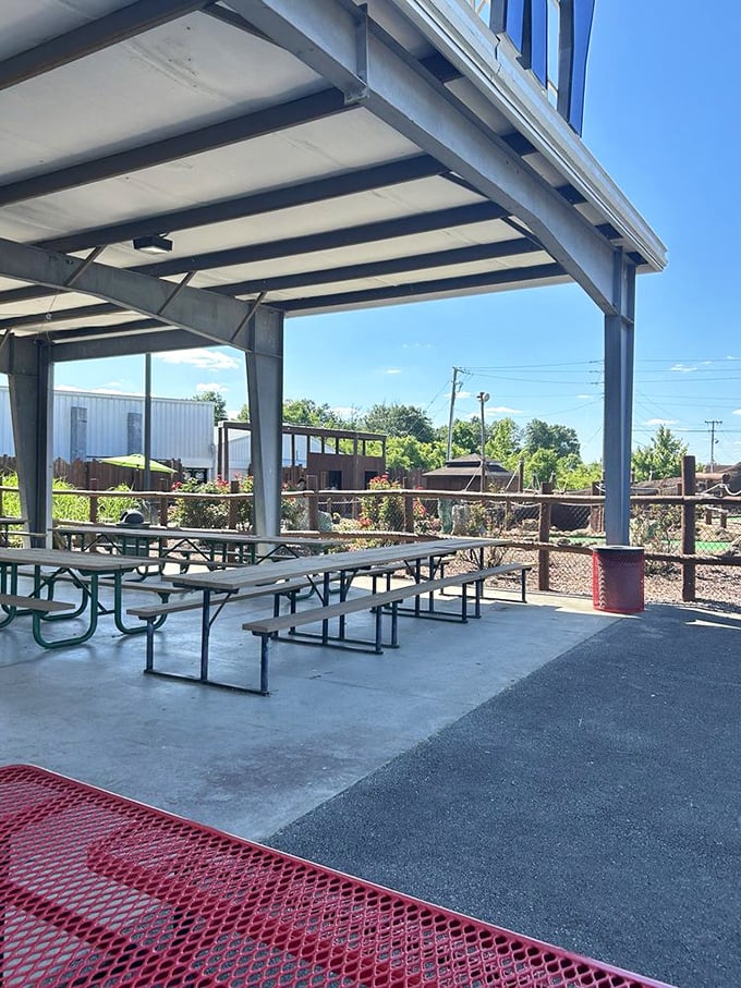 The pit stop paradise. These picnic tables offer the perfect vantage point for refueling your body while planning your next racing strategy.