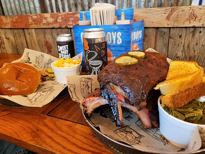 These ribs aren't just dinner&mdash;they're edible architecture with a smoke ring foundation. The craft beer can in the background knows it's found its perfect match.