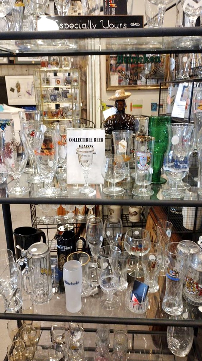 Behind glass doors awaits a collector's dream: vintage barware spanning decades, from Prohibition-era cocktail glasses to Mad Men-worthy highballs.