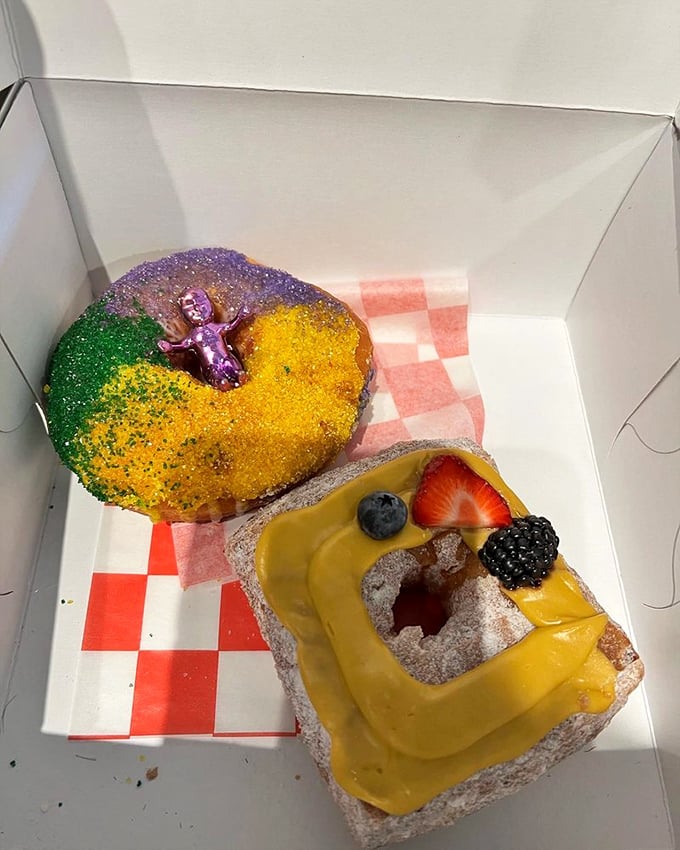Mardi Gras in a box! These colorful creations look like they're ready to lead a parade down Bourbon Street, with a tiny purple king holding court.