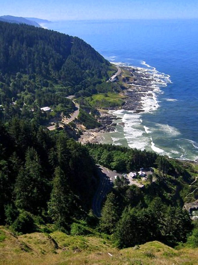 From Cape Perpetua's heights, Highway 101 looks like a humble suggestion drawn along the magnificent coastline, reminding us who's really in charge here.