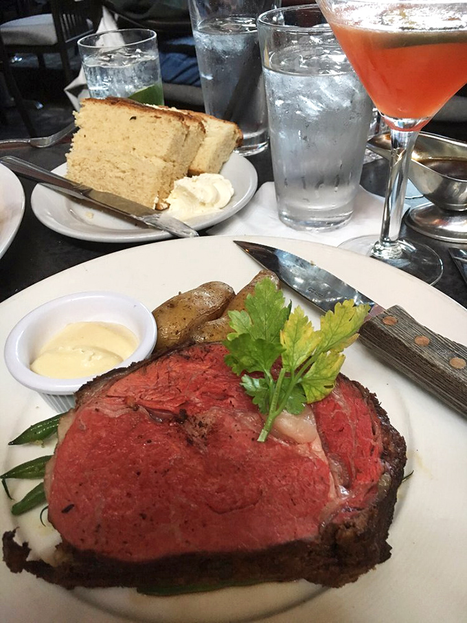 Prime rib and a pear martini &ndash; a pairing that proves God wants us to be happy. The knife stands ready for its important work. 