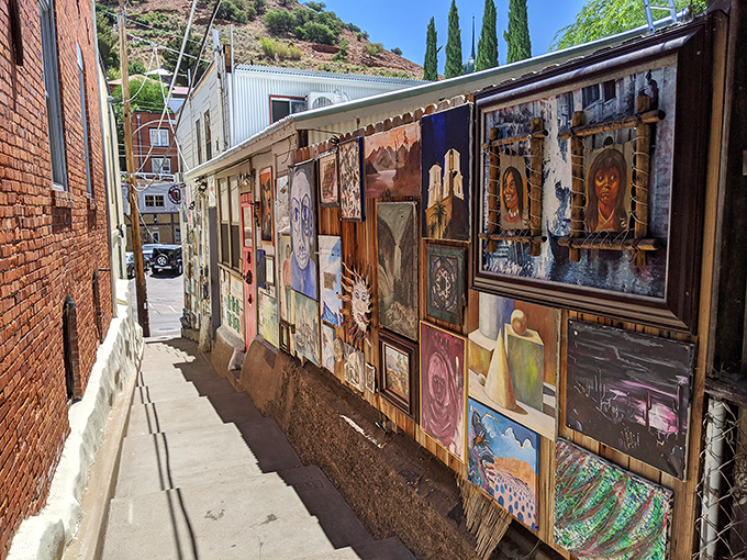 Bisbee's Art Alley is where creativity escapes the galleries and spills onto every available surface, turning a simple walkway into an open-air exhibition.