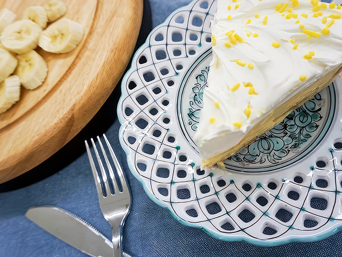 Banana cream pie with a pattern that would make Martha Stewart nod approvingly&mdash;comfort food elevated to special occasion status.