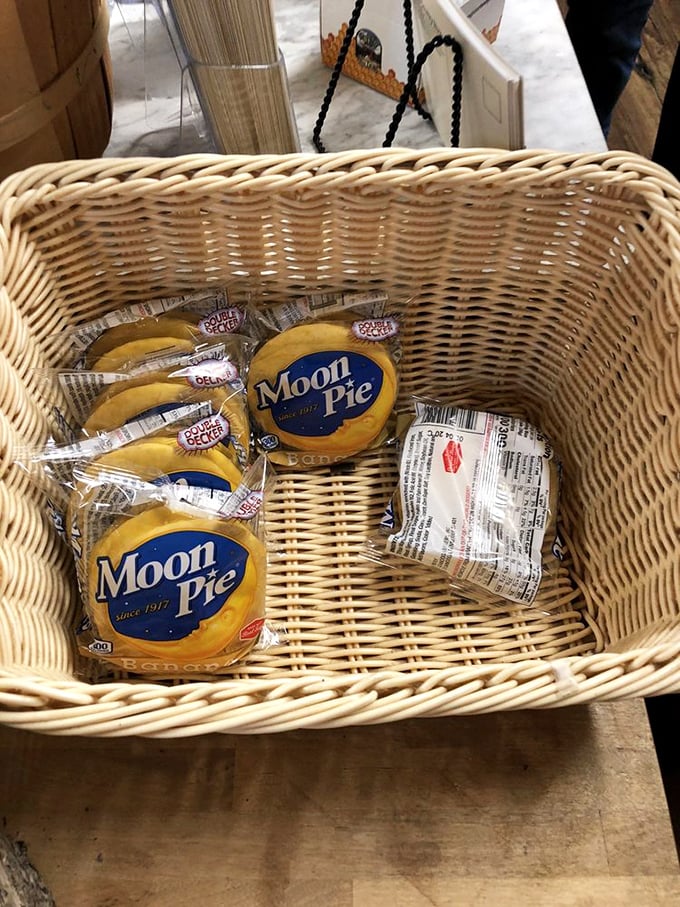 Moon Pies in a wicker basket—the country store equivalent of a luxury hotel's chocolate-on-pillow service. Simple pleasures at their finest.