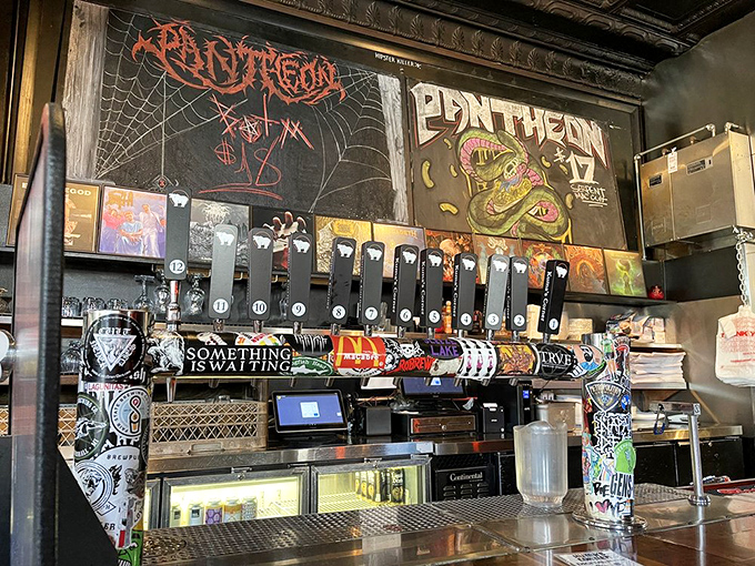 The draft beer selection showcases local brews alongside national favorites. Each tap handle tells a story of hops, malt, and rock 'n' roll.