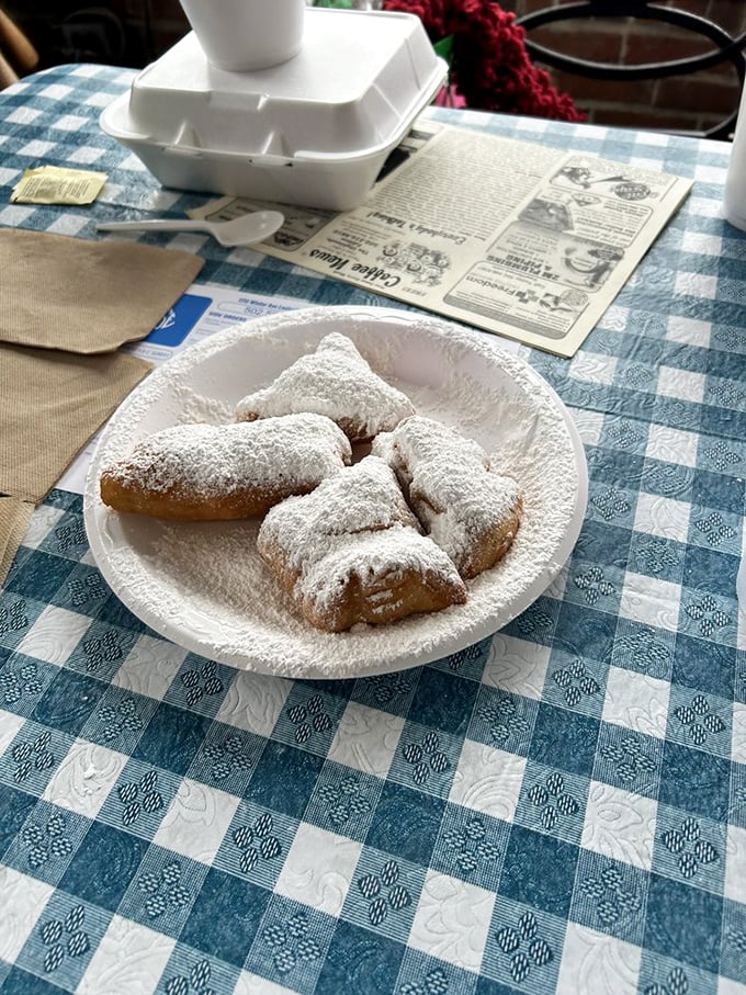 Powdered sugar-dusted beignets that transport you straight to New Orleans. Sweet treasures on a blue-checkered tablecloth.
