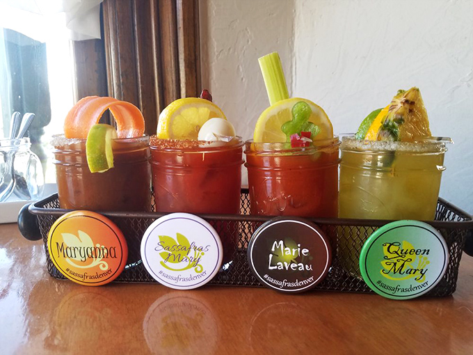 A flight of Bloody Marys that doubles as a salad bar. Four distinct personalities, each vying to be your morning's best friend.