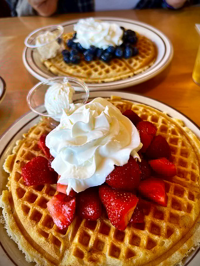 Berry-topped waffles that make you realize fruit can indeed be dessert, breakfast, and art all at once. Whipped cream optional but encouraged.