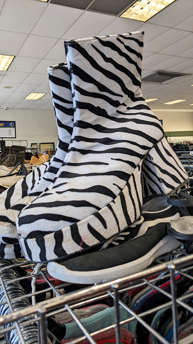 Zebra print boots that scream "I make my own rules!" Someone's fashion adventure awaits. Lady Gaga's closet cleanout, perhaps?