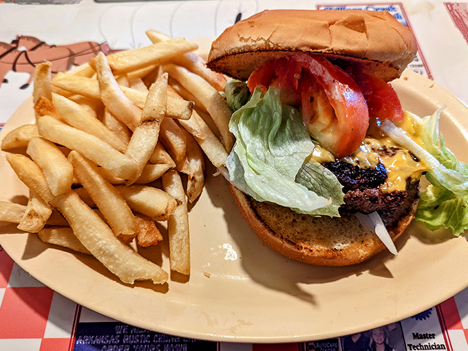 A classic American burger with hand-cut fries&mdash;proof that Frontier Diner knows lunch is just as important as their breakfast fame.